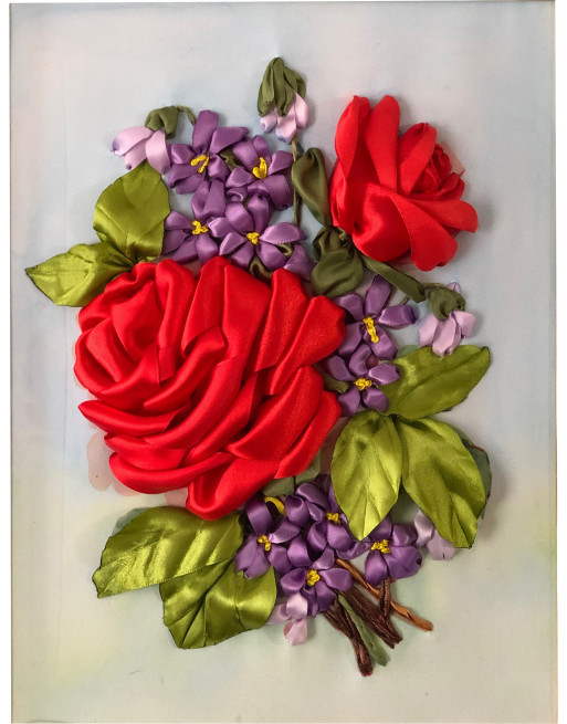 Small Bouquet Roses and Violets. Ribbon Embroidery