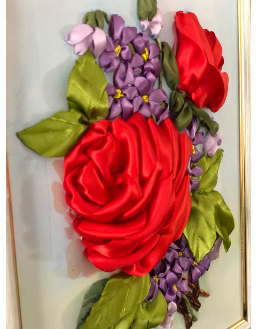 Small Bouquet Roses and Violets. Ribbon Embroidery