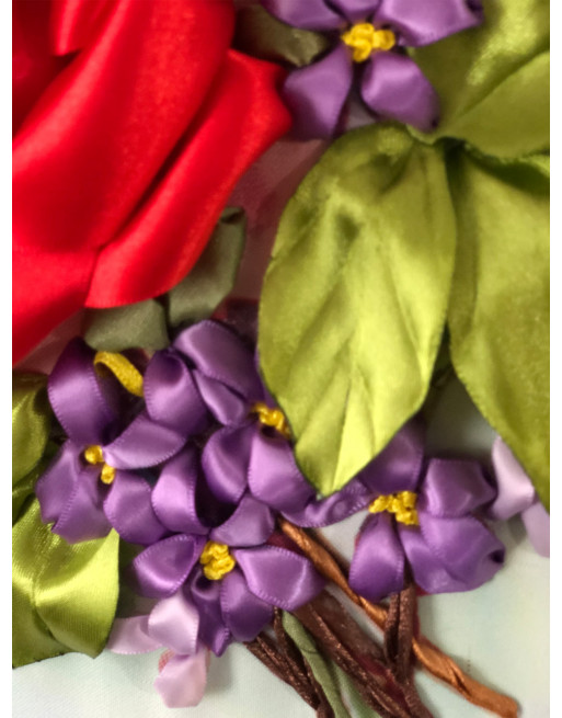Small Bouquet Roses and Violets. Ribbon Embroidery