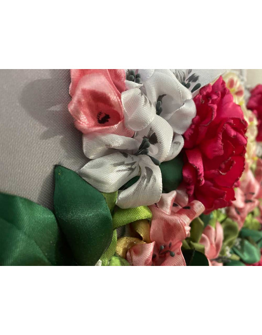 Peonies in a vase. Ribbon Embroidery
