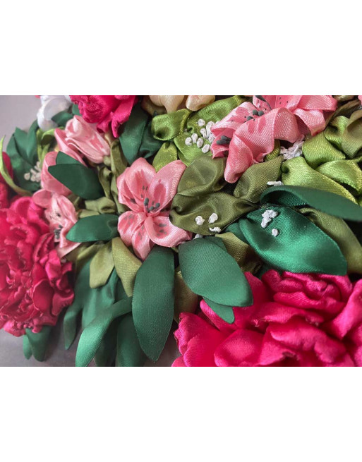 Peonies in a vase. Ribbon Embroidery